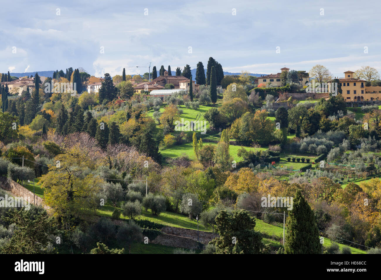 travel to Italy - above view of green gardens in suburb of Florence ...