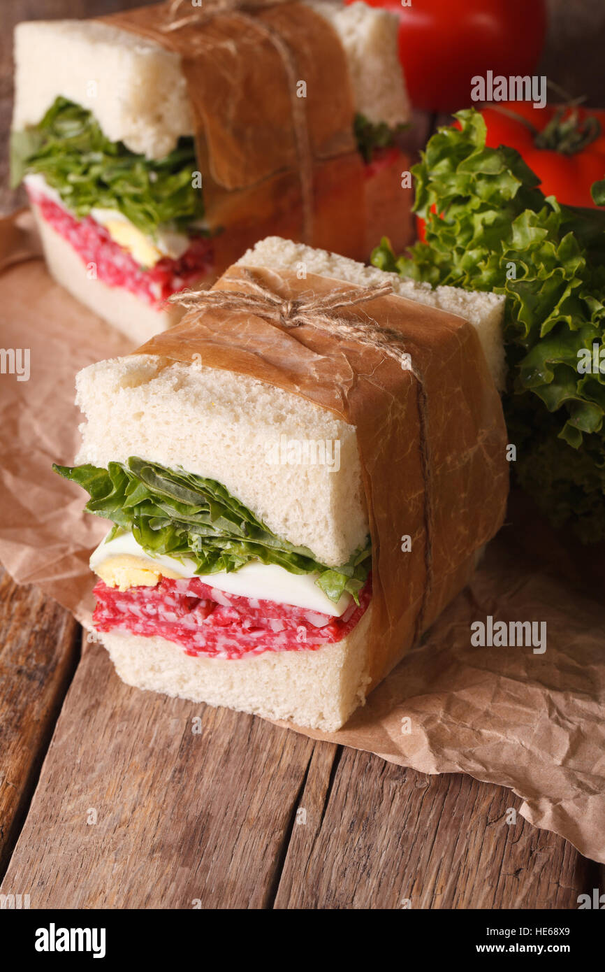 rustic sandwiches with salami, lettuce and egg wrapped in paper close ...
