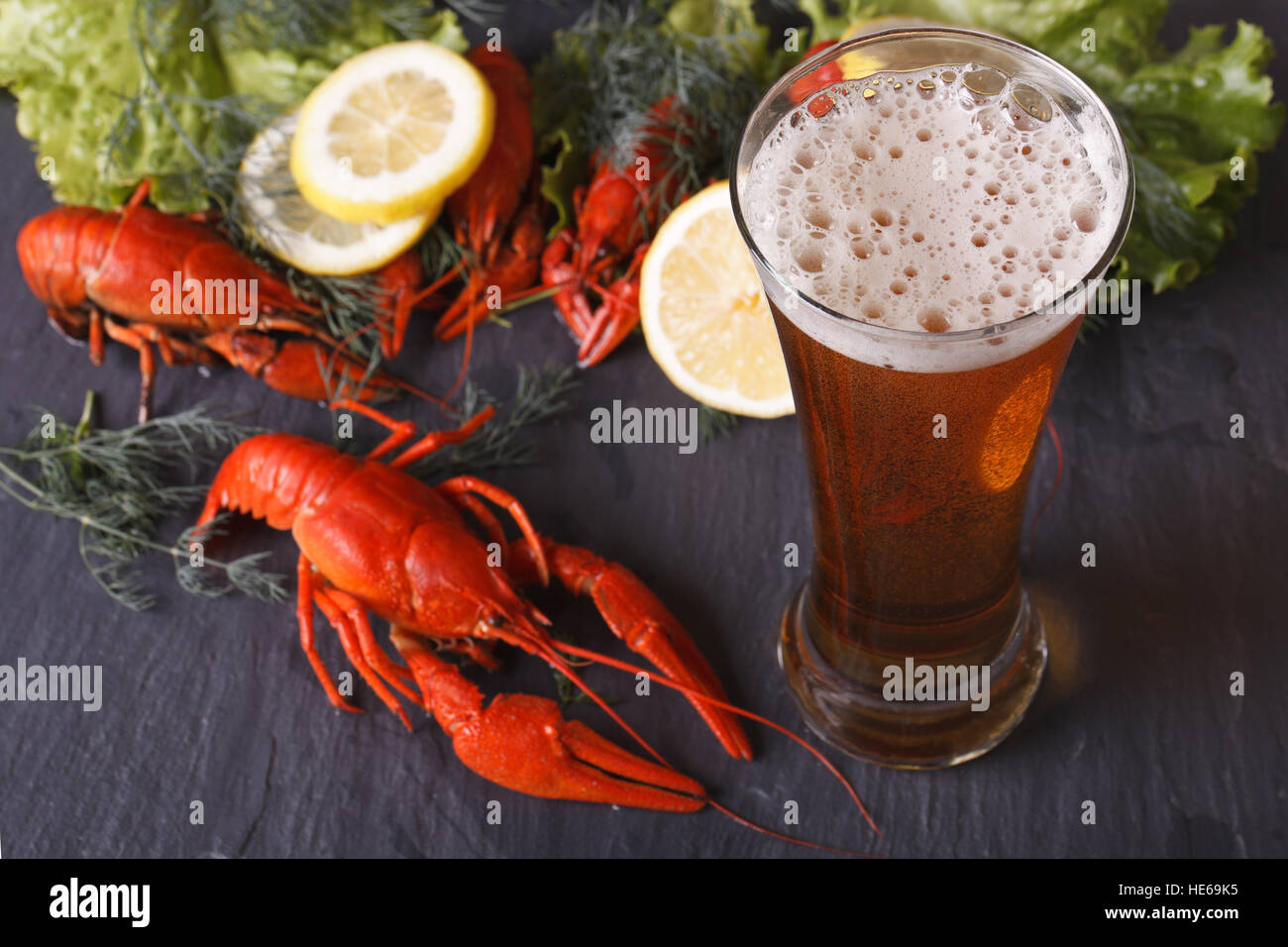 beer with crawfish close-up on the table. horizontal view from above ...