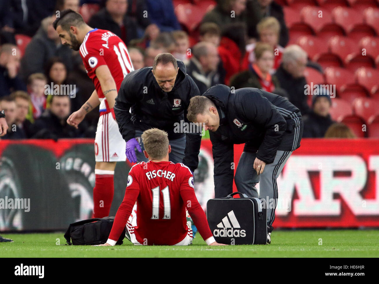 Middlesbrough's Viktor Fischer goes down injured during the Premier ...