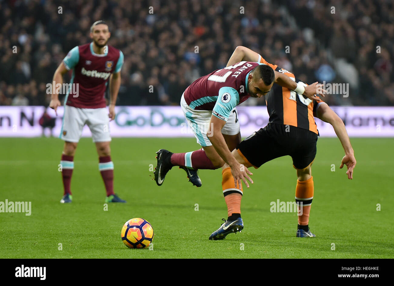 West Ham United's Dimitri Payet reacts to a challenge from Hull City's ...