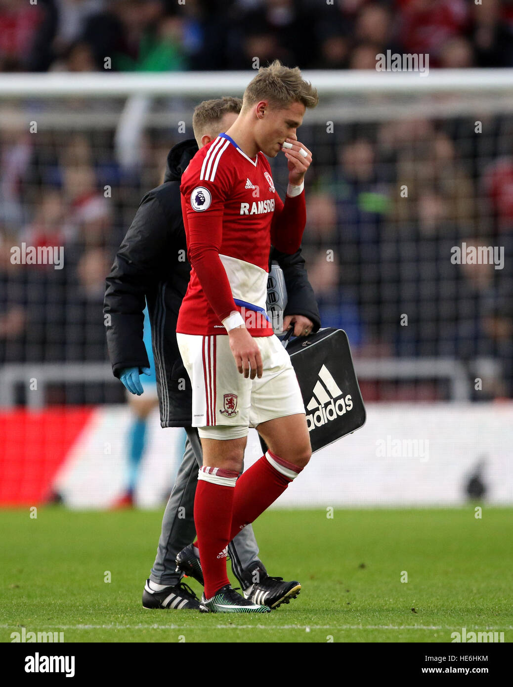 Middlesbrough's Viktor Fischer goes off injured during the Premier ...