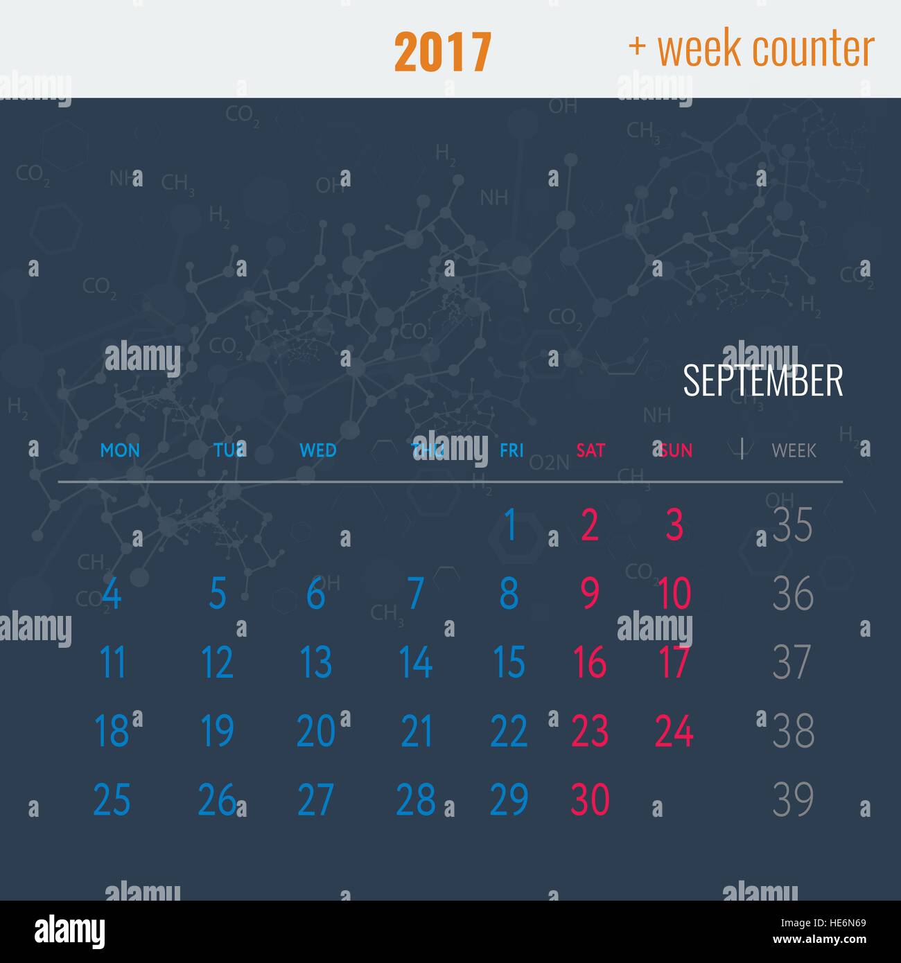 Calendar template for 2017 September with Abstract medical background ...