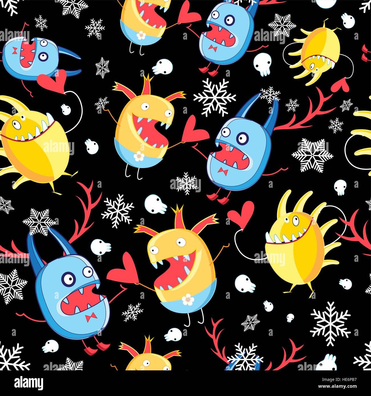 Graphic pattern with monsters in love on a dark background with ...