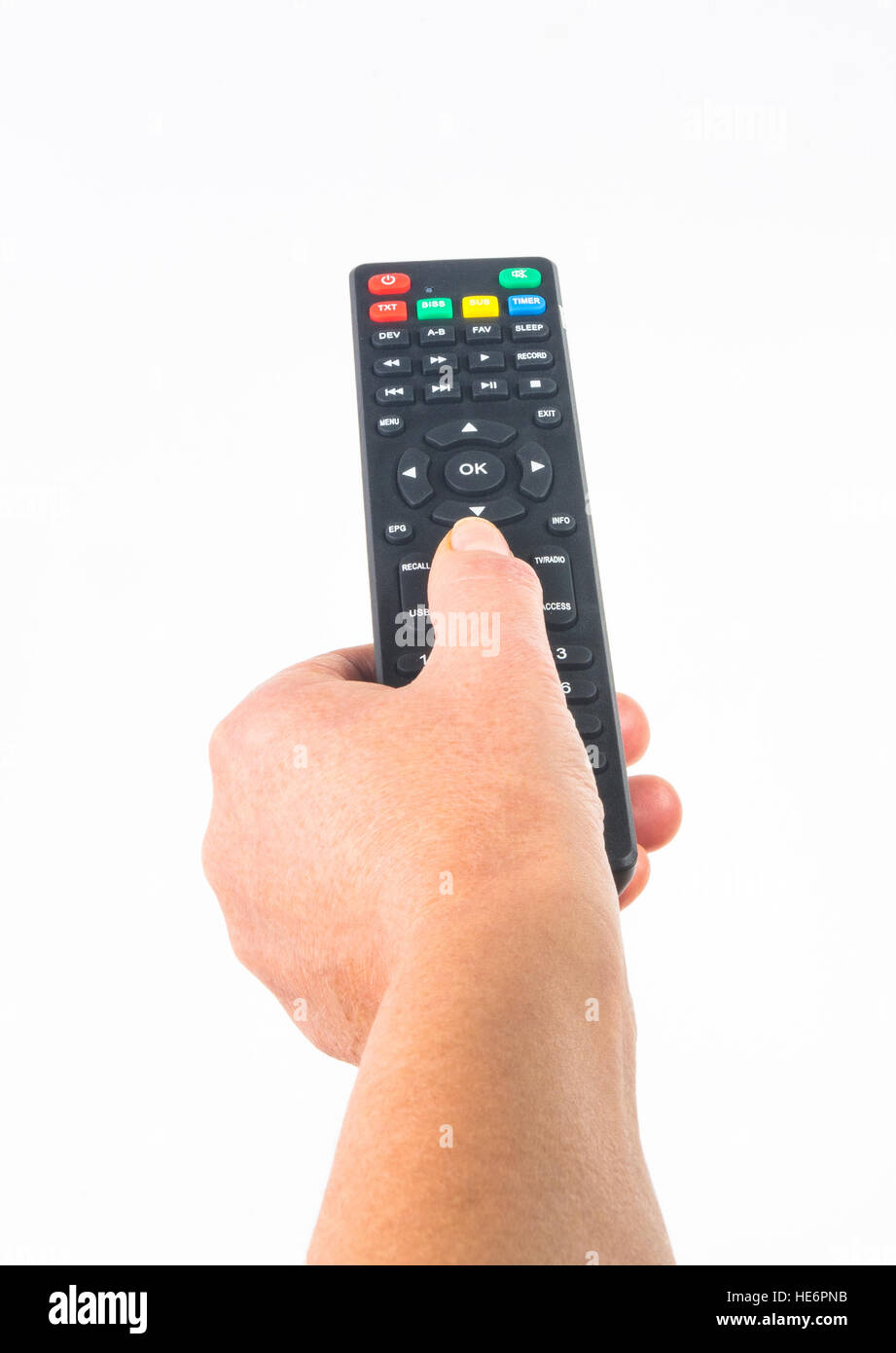 hand holding a remote control on white background Stock Photo - Alamy