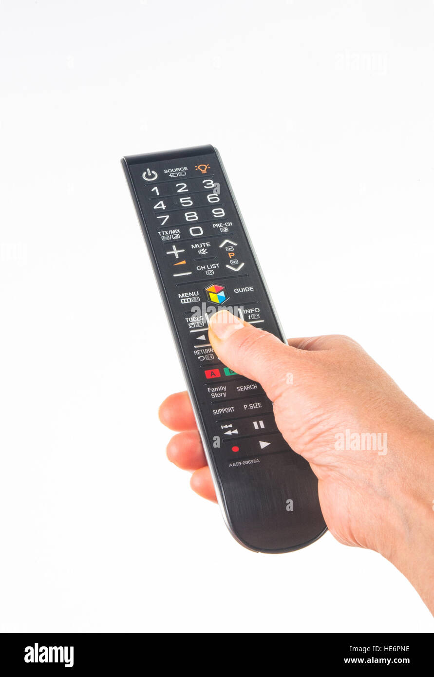 hand holding a remote control on white background Stock Photo - Alamy