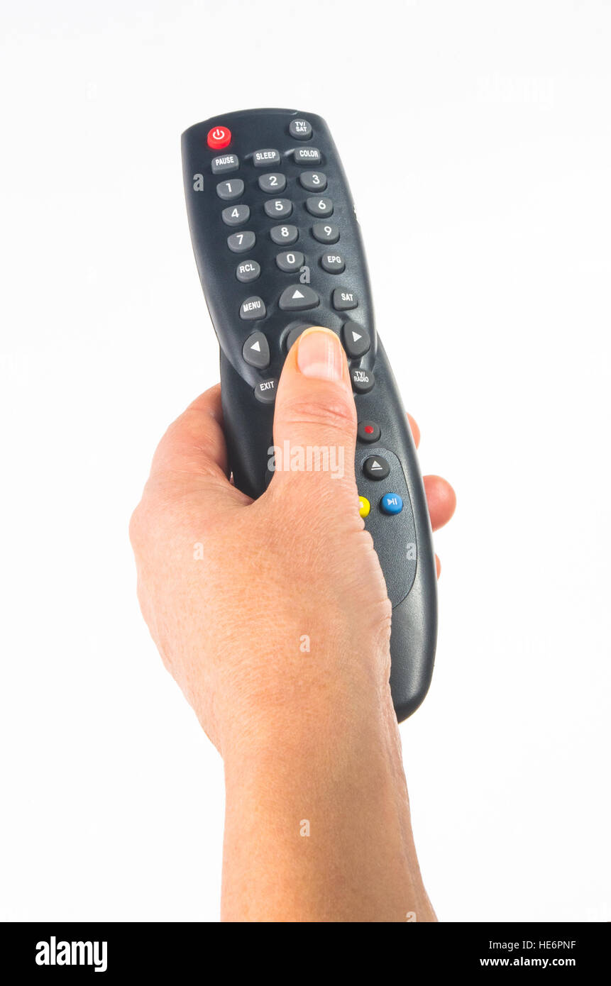 hand holding a remote control on white background Stock Photo - Alamy