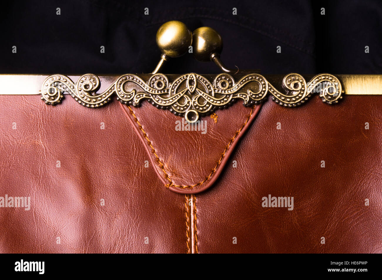 closeup of the fittings and seams on the brown leather hand bag Stock ...