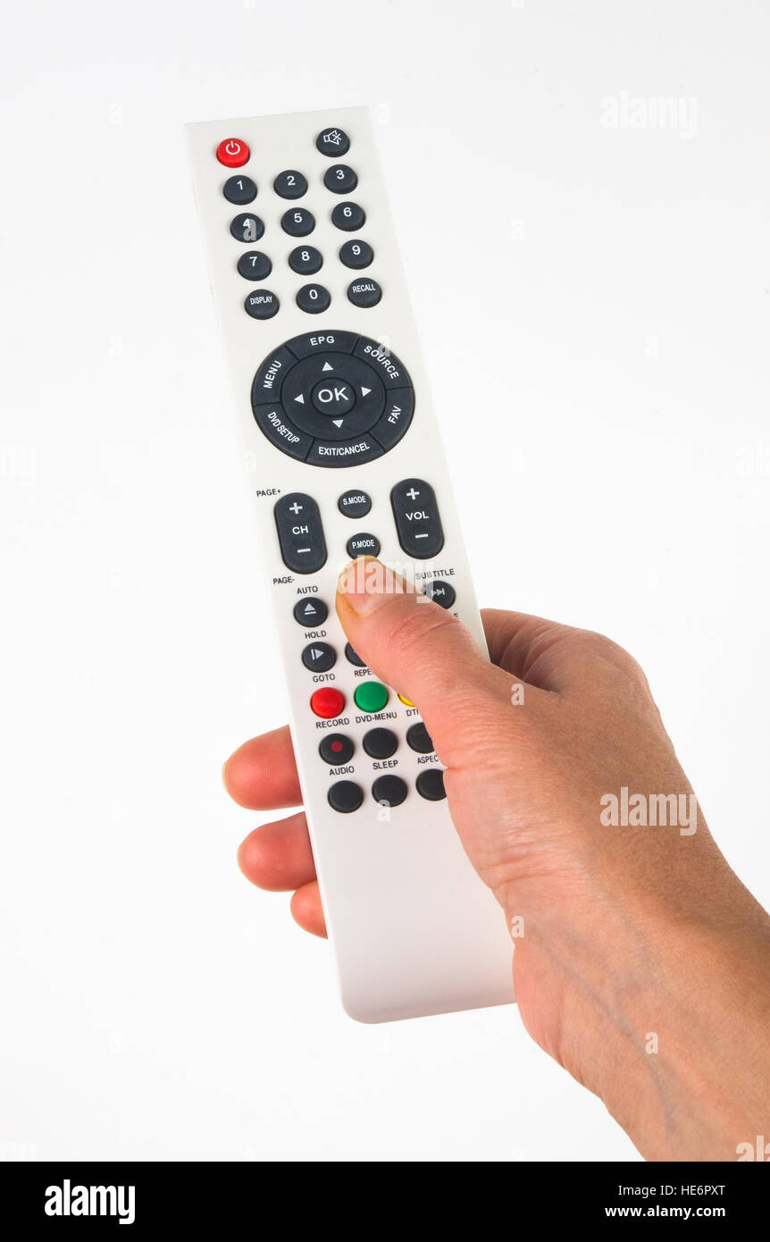 hand holding a remote control on white background Stock Photo - Alamy