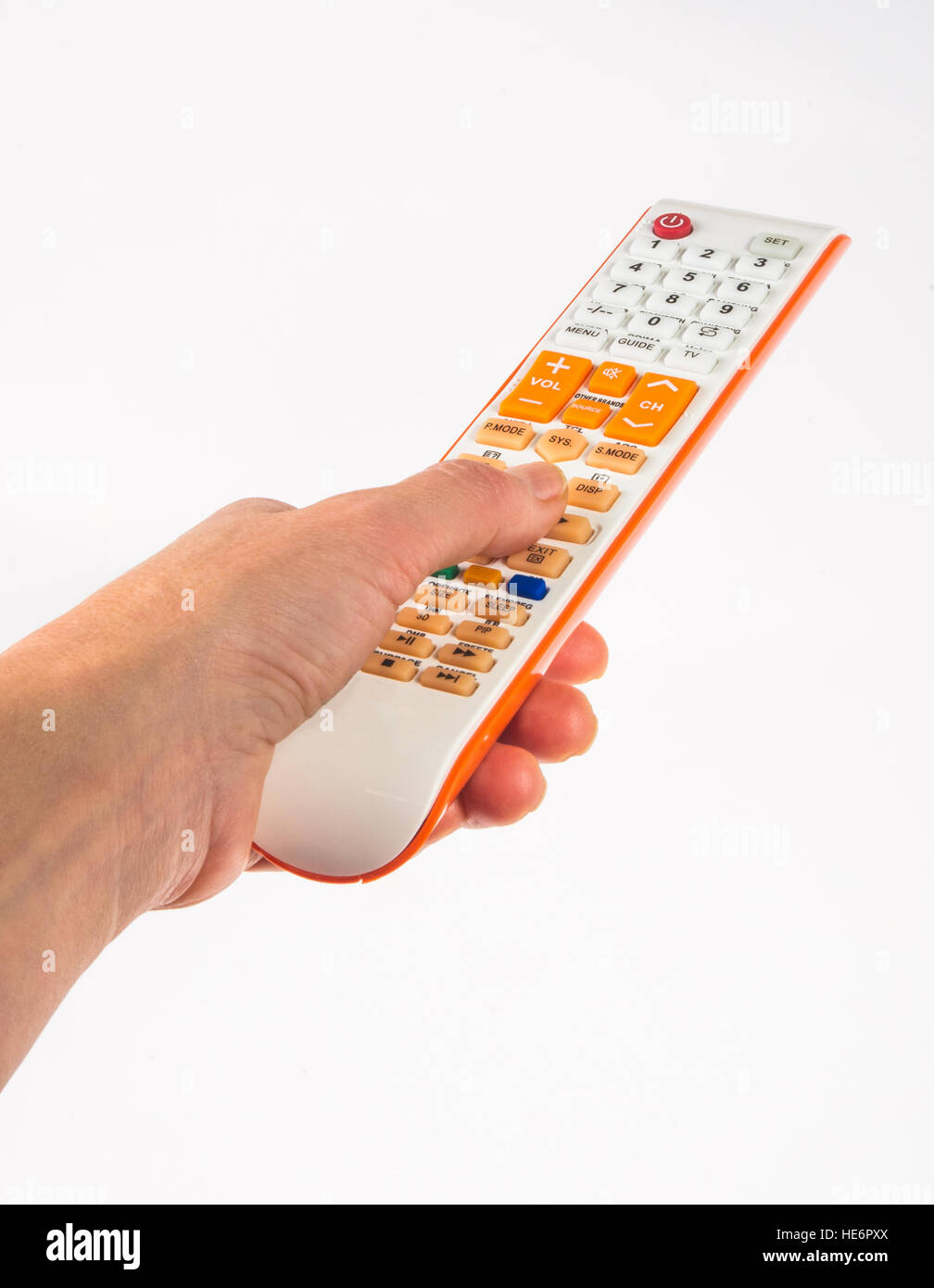 hand holding a remote control on white background Stock Photo - Alamy