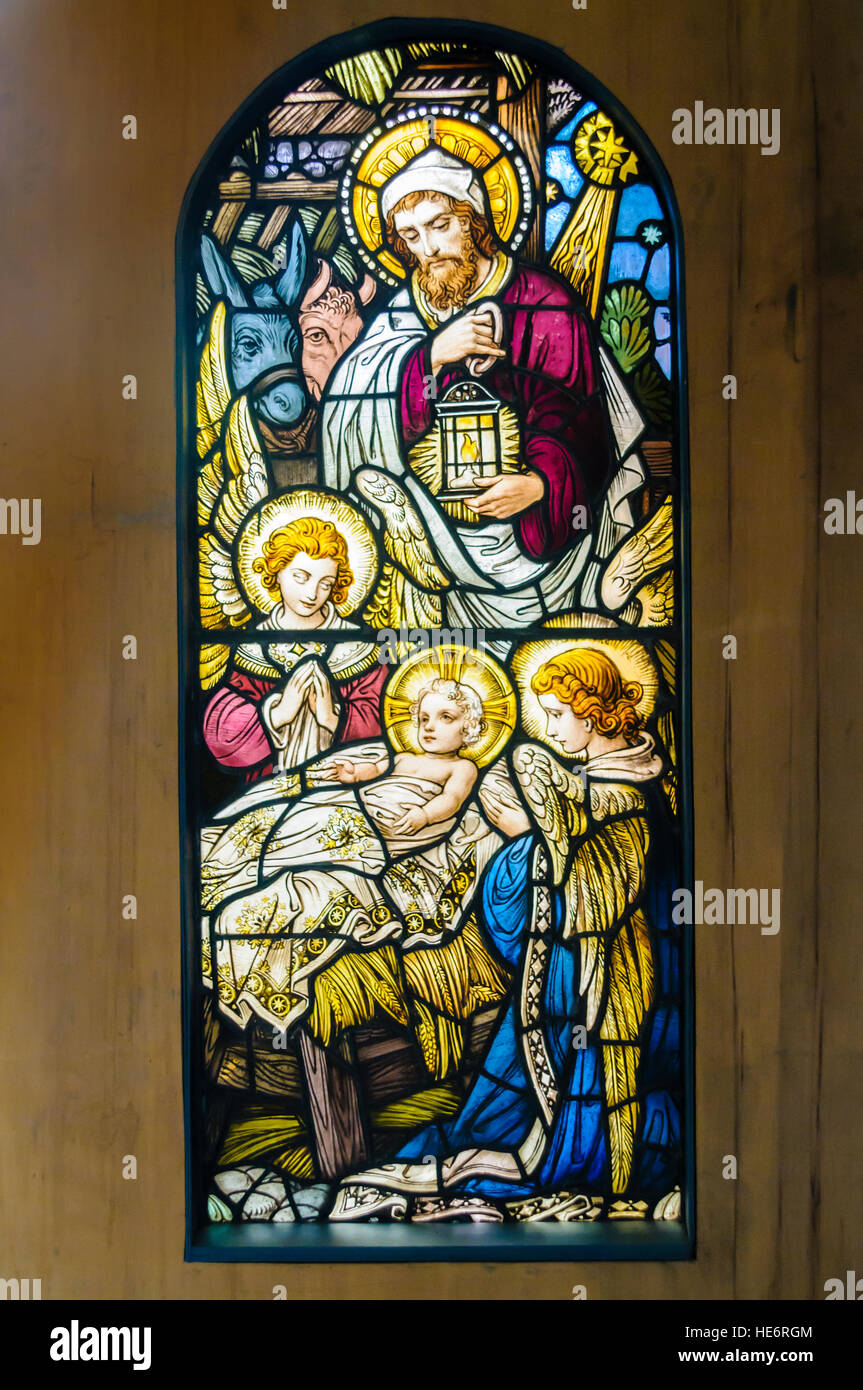 Stained glass window depicting the birth of Jesus in Bethlehem Stock ...