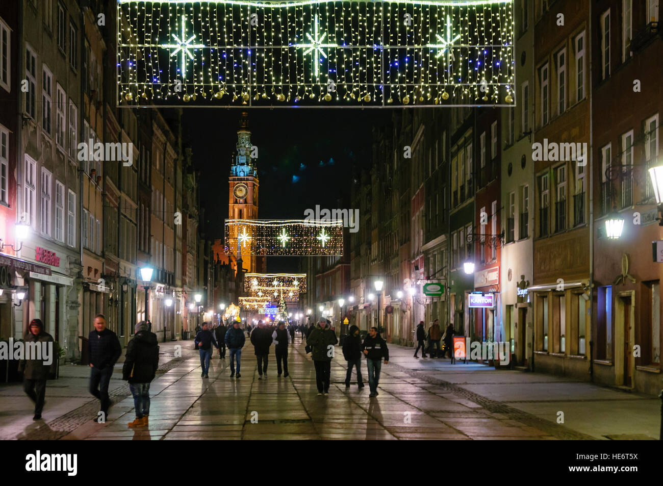 People walking along Dluga, Dlugi Targ, Gdansk with Christmas lights ...