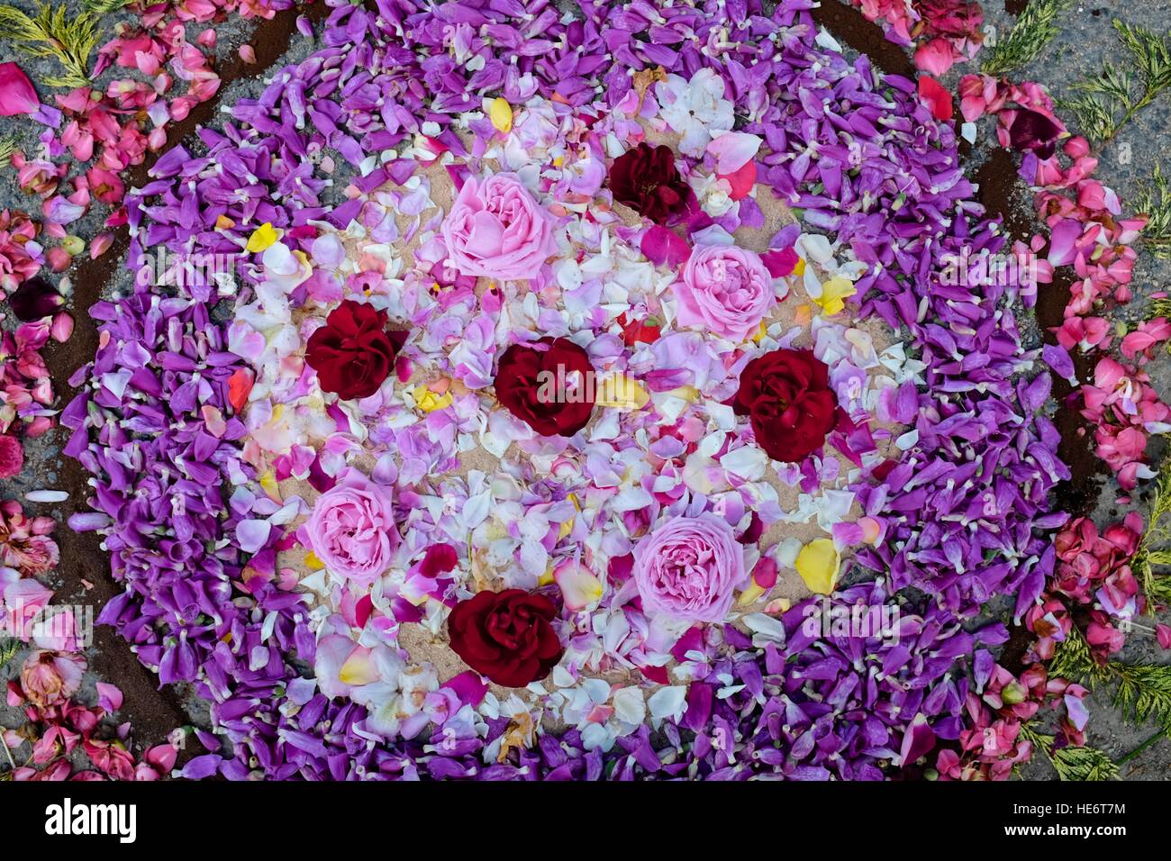 Flower petal display at Pardon des sept saints, Brittany Stock Photo ...