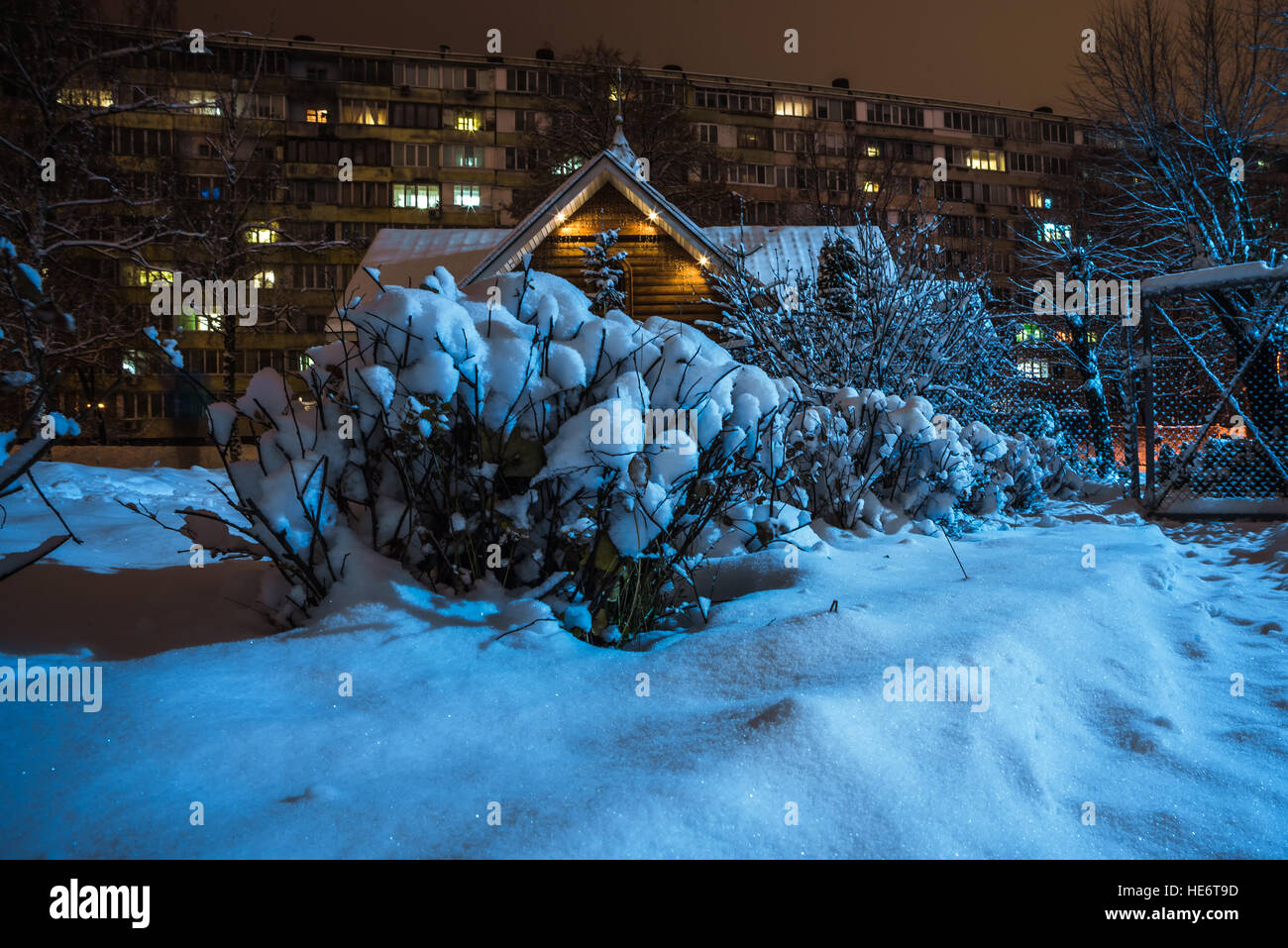 small hut and bushes covered with snow, on a background of high-rise ...
