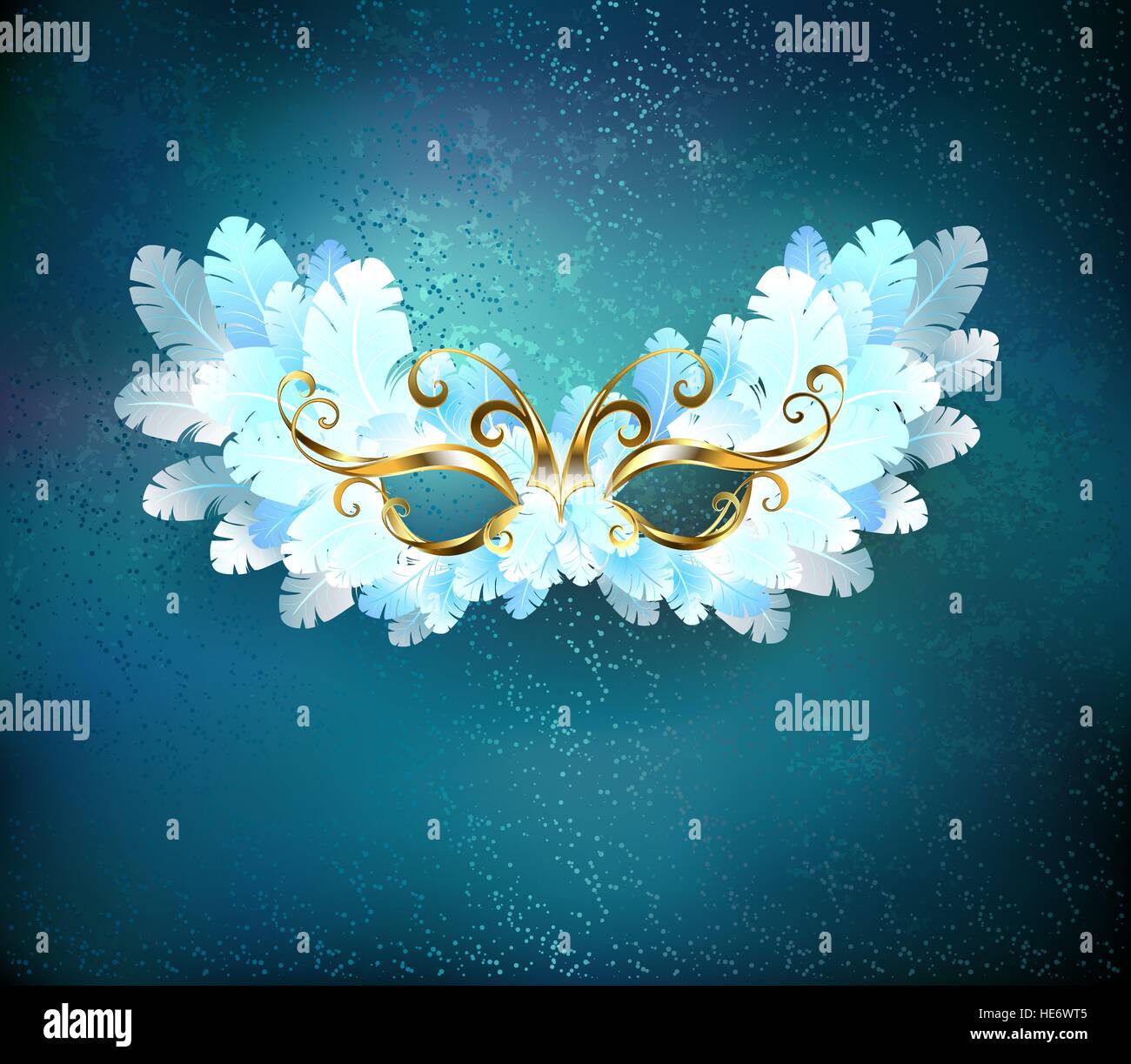 Mask of white feathers, decorated with a gold pattern on a blue ...