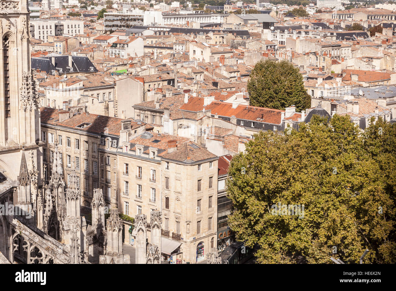 Looking out over the city of Bordeaux from the Tour Pey-Berland, France ...