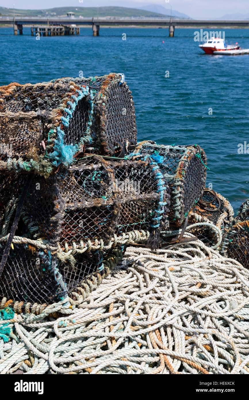 Lobster pots and fishing boat, Portmagee, Skellig ring, County Kerry ...