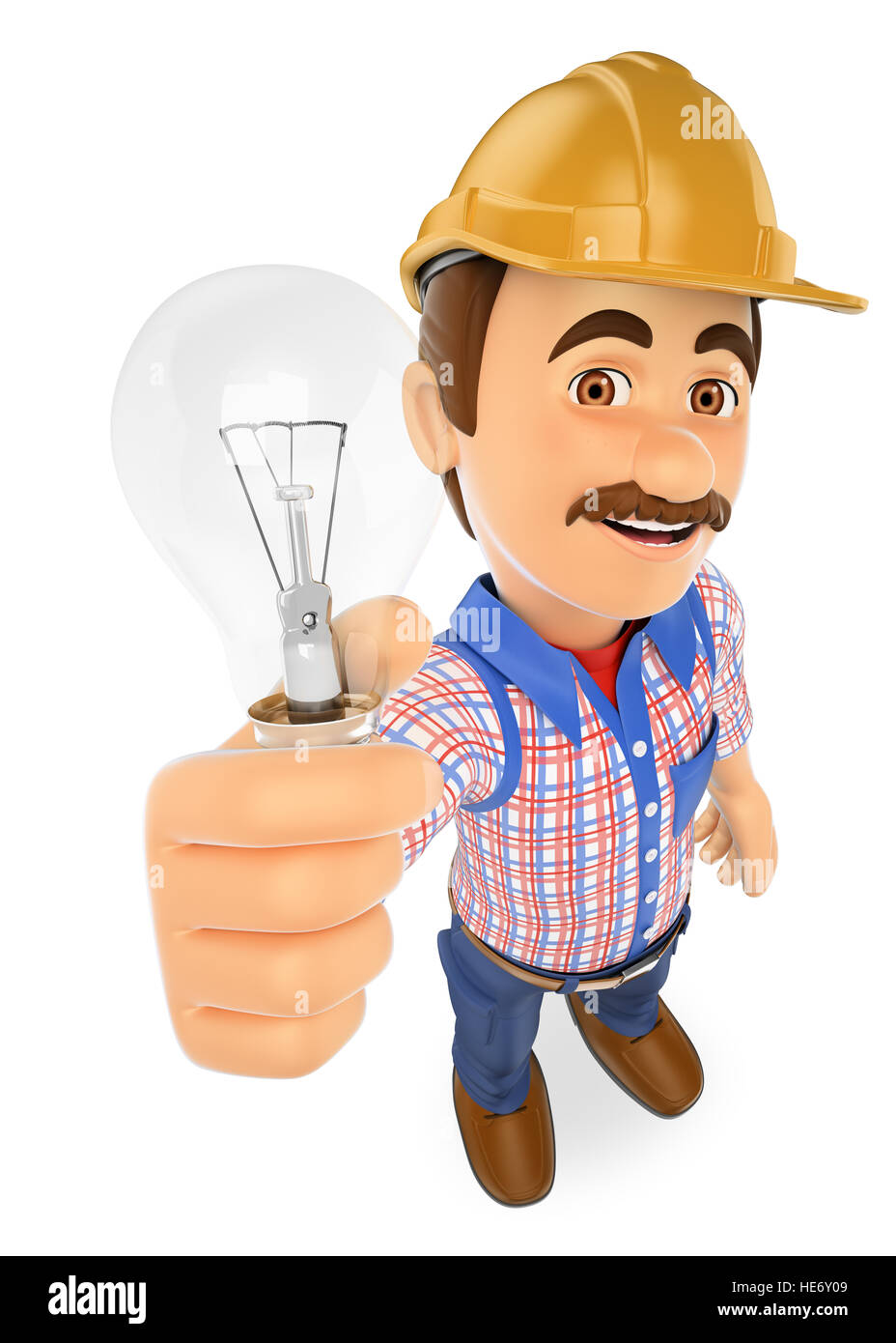 3d working people illustration. Electrician with a light bulb. Isolated ...