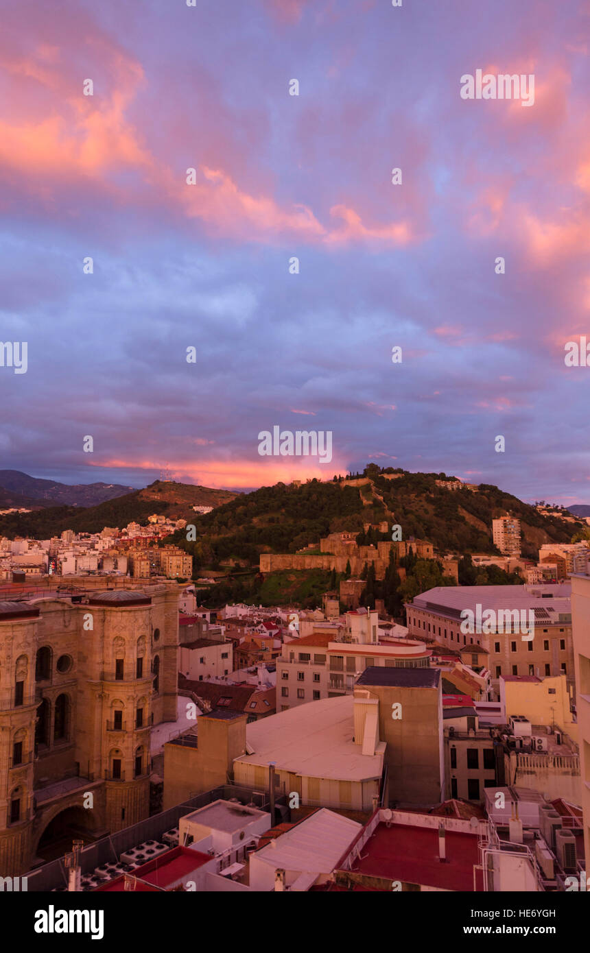 Aerial view of city of Malaga showing Alcazaba and Gibralfaro, during ...