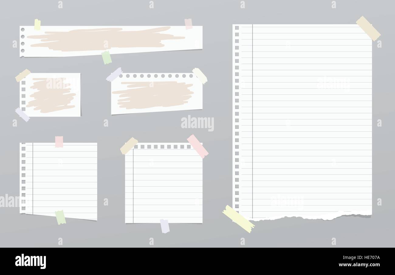 Ripped white notebook, note, copybook paper sheets with painted brush ...