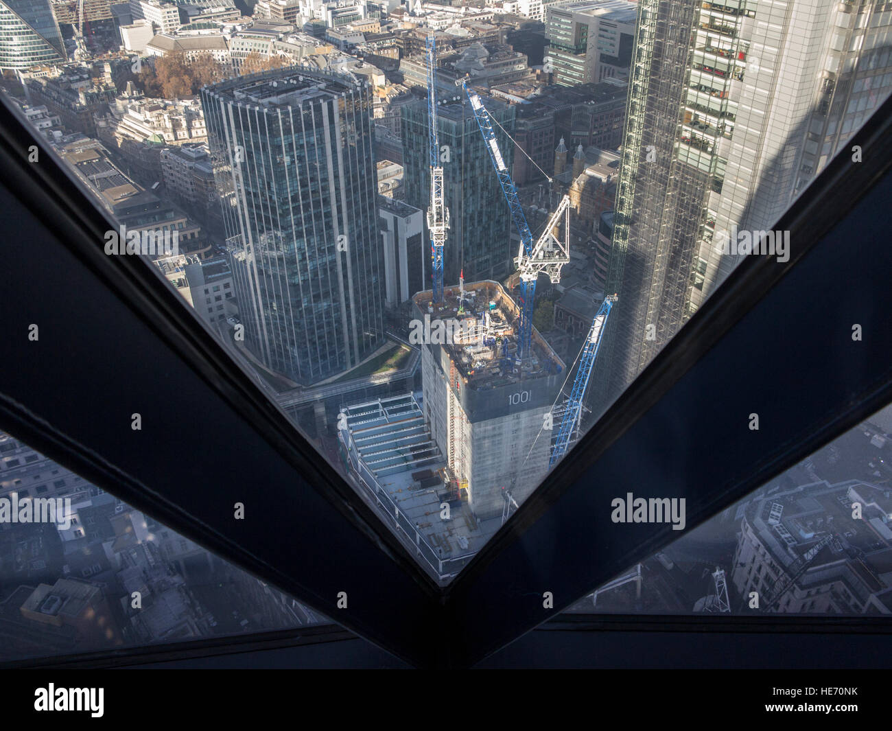 Looking down on major construction on high rise buildings in London ...