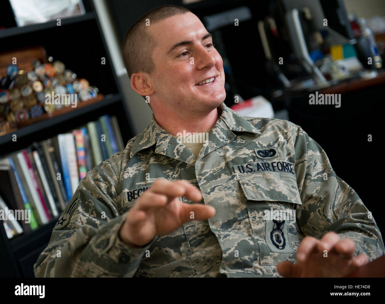 Senior Airman Stephen Becker, a native of Minerva, Ohio, talks at Joint ...