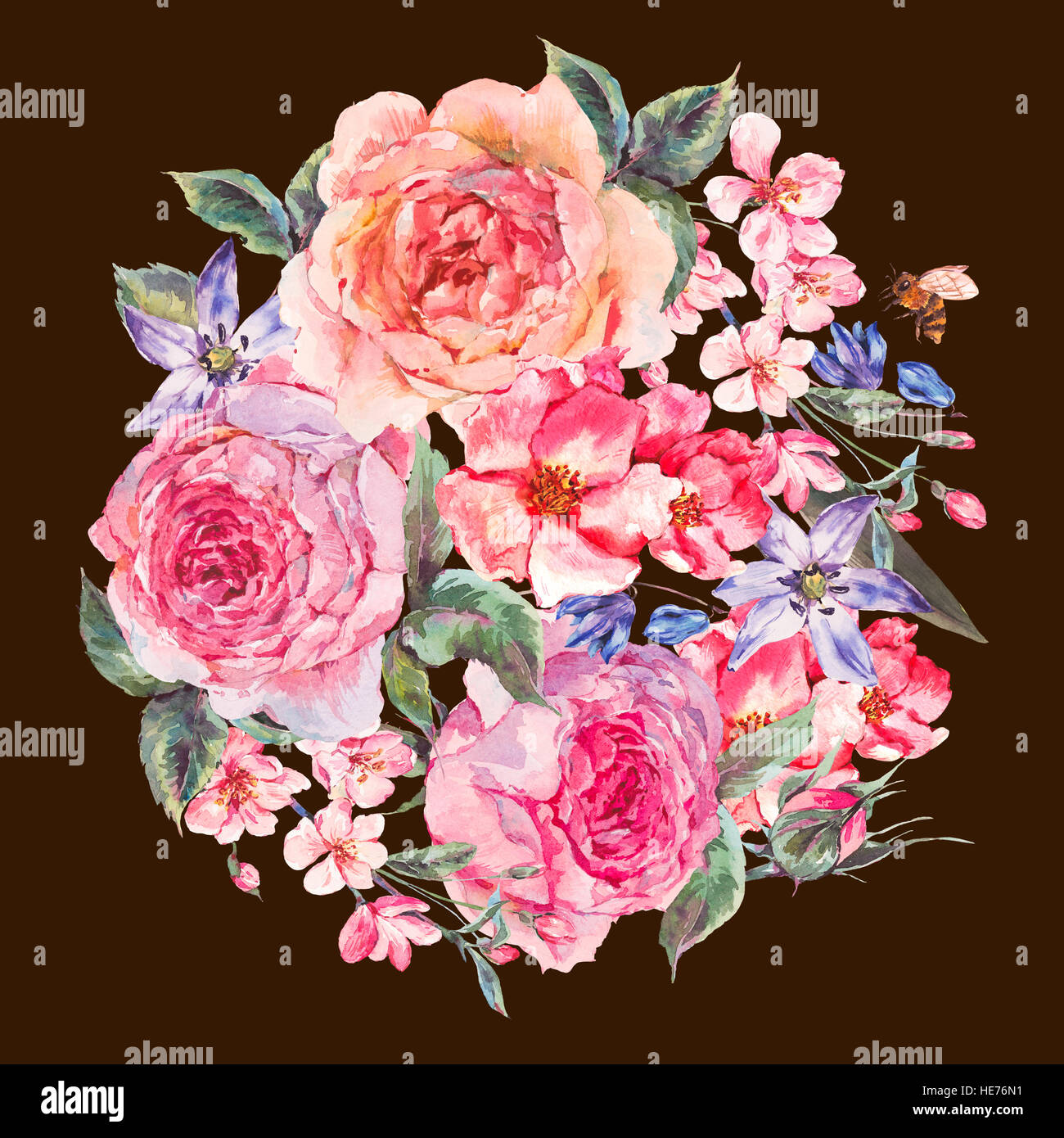 Watercolor spring bouquet with blooming cherry and english roses Stock ...