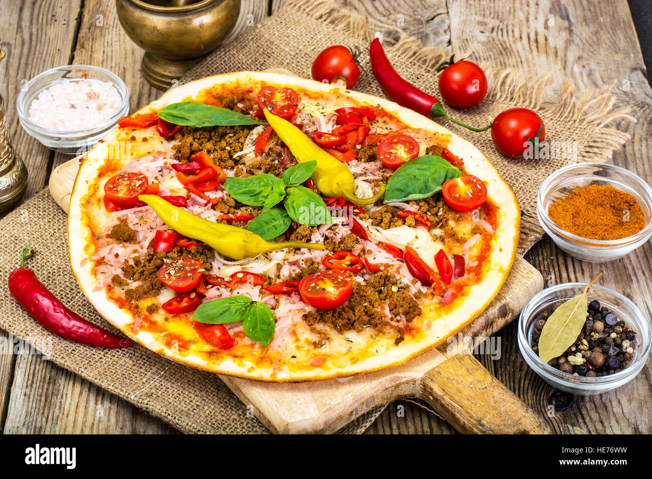 Rustic Italian Pizza on a Thin Pastry with Minced Pork, Ham, Tom Stock ...