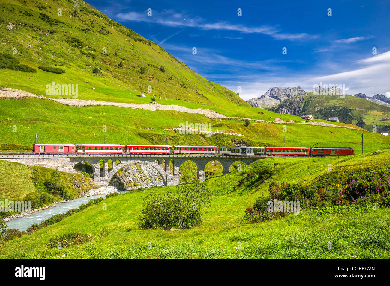 The Matterhorn - Gotthard - Bahn train on the viaduct bridge near ...