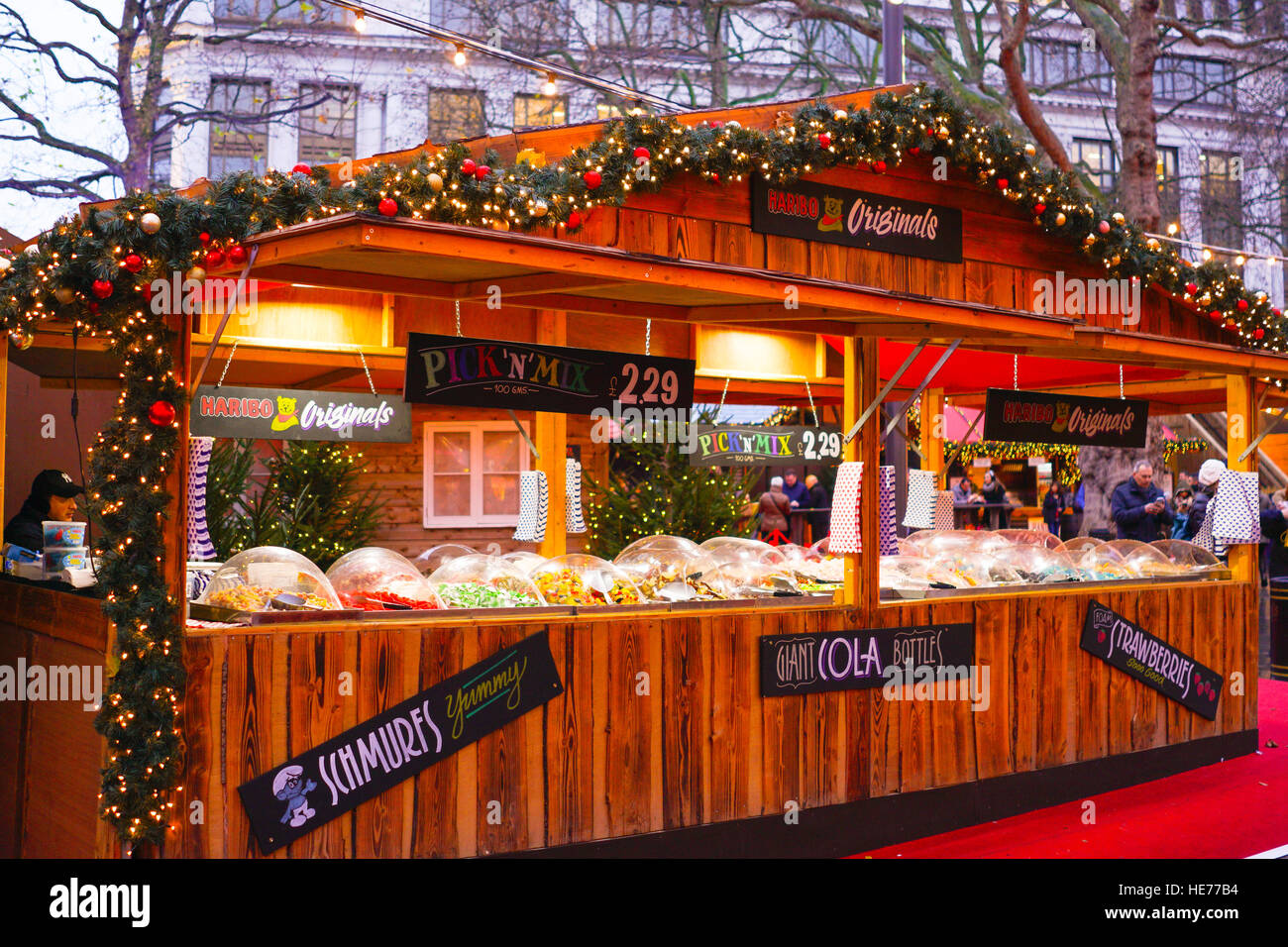 Christmas in Leicester Square - wooden sale booth on the market Stock ...