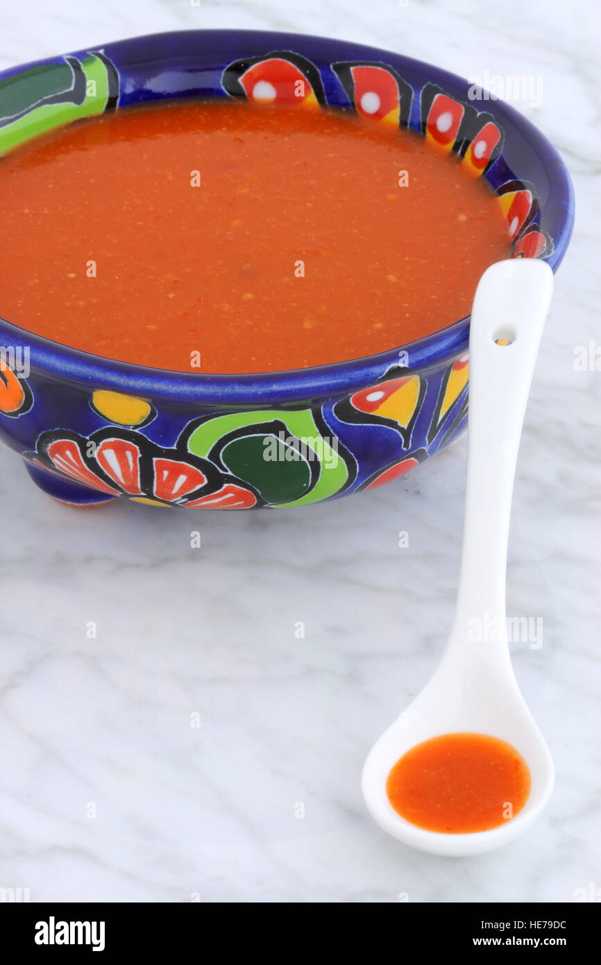 Artisan hot taco sauce in vintage talavera bowl, with a delicious fresh ...