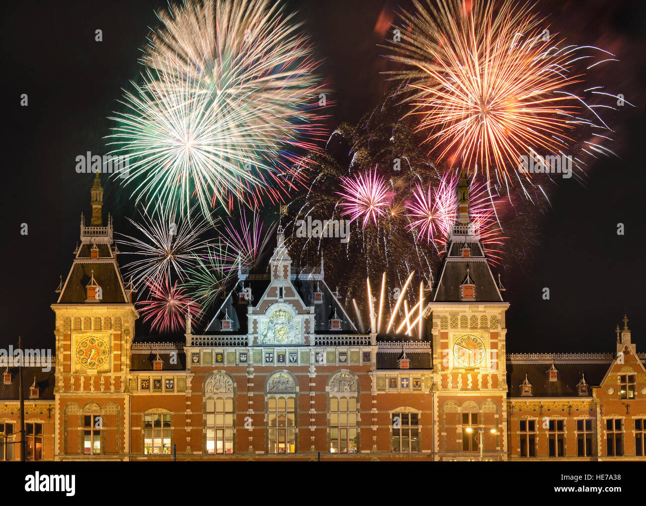 Fireworks above the Amsterdam Centraal, the main downtown metro and ...