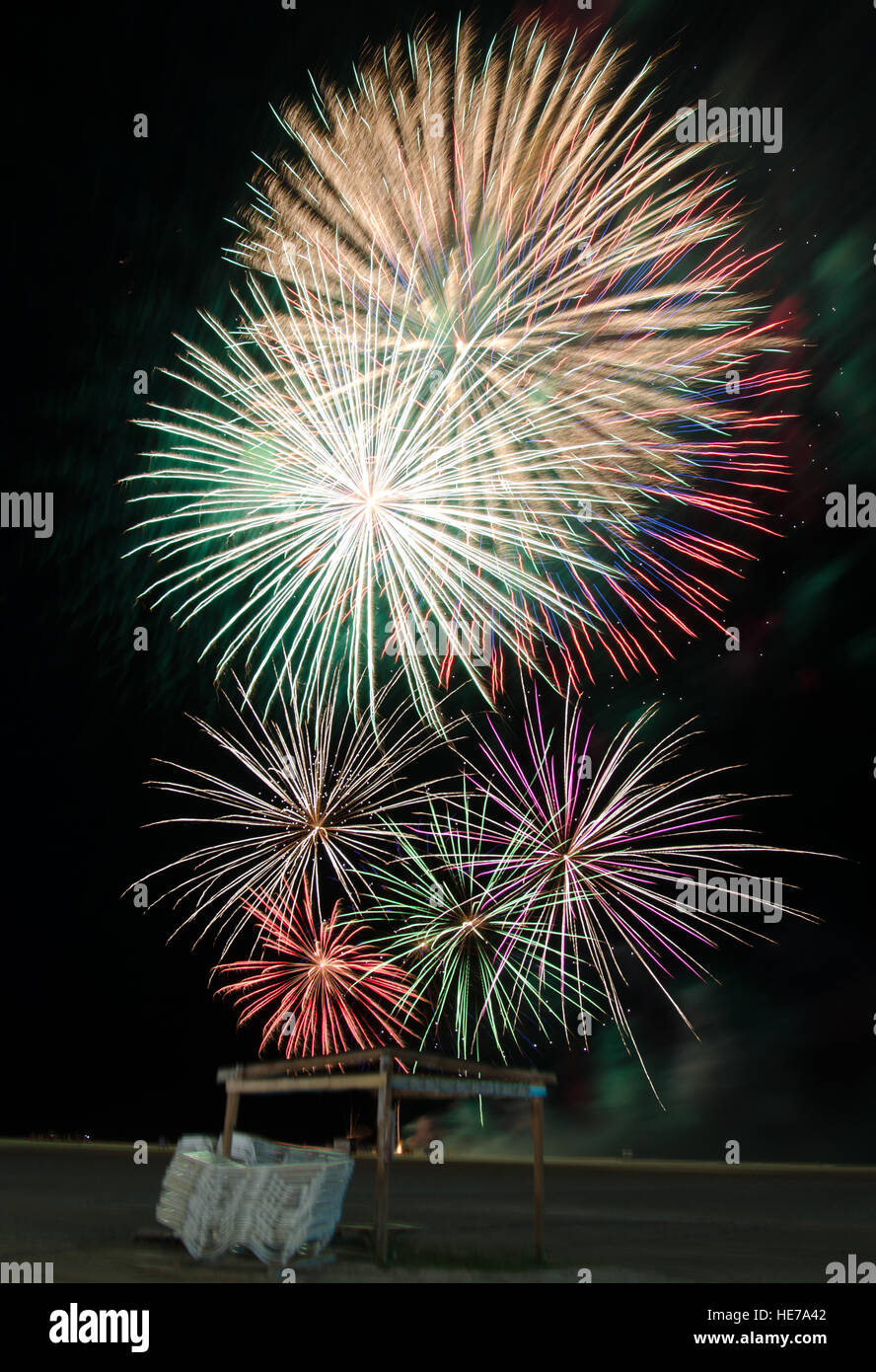 fireworks over bursting beach on Independence day Stock Photo - Alamy