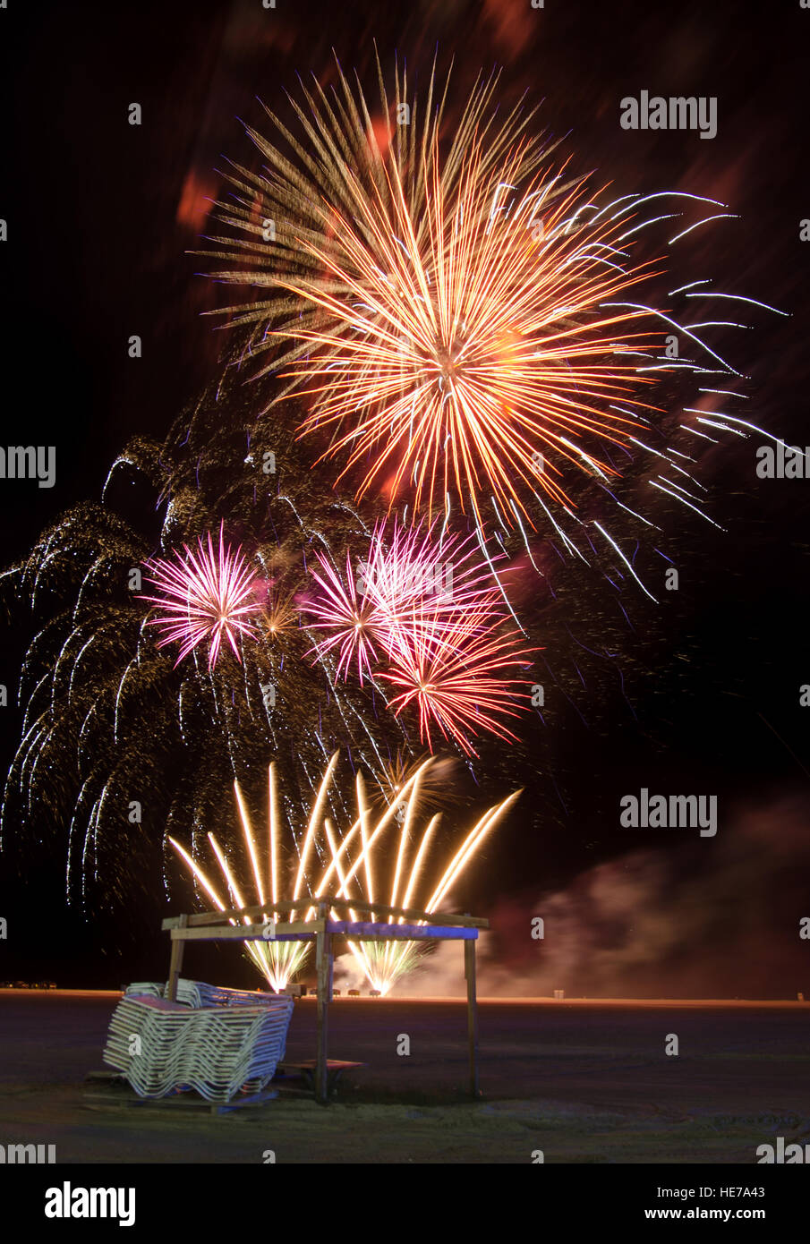 fireworks over bursting beach on Independence day Stock Photo - Alamy