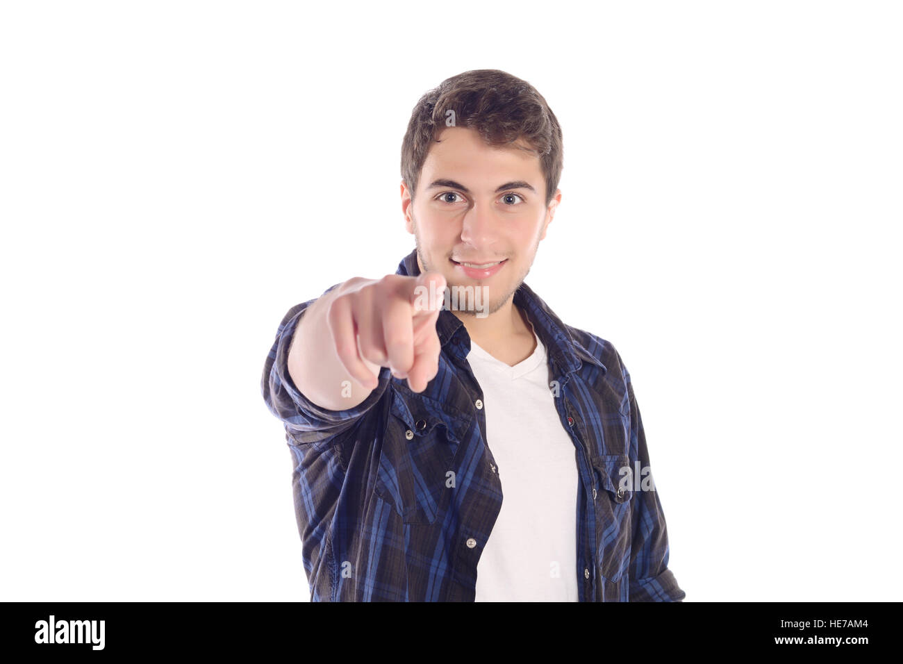 Close up of a young man pointing camera. Isolated white background ...