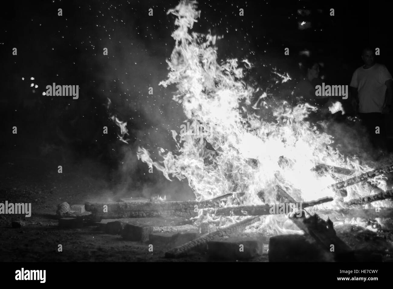 Fire burning night campfire on Black and White Stock Photos & Images ...