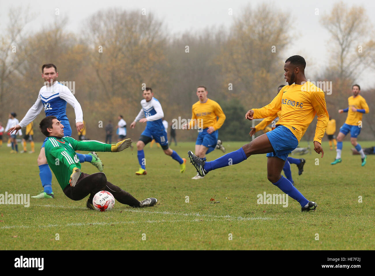 Mile End score their first goal during FC Krystal (blue/white) vs Mile ...
