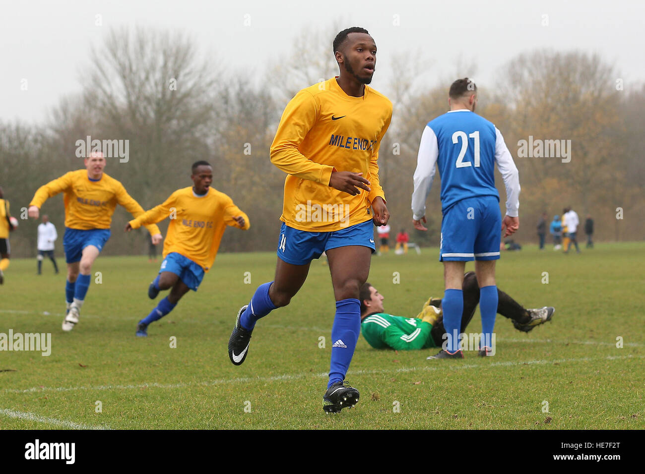 Mile End score their first goal during FC Krystal (blue/white) vs Mile ...
