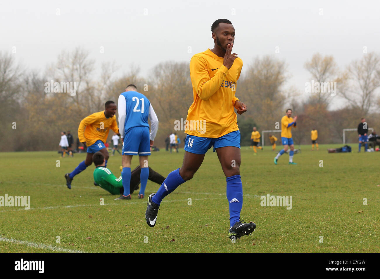 Mile End score their first goal during FC Krystal (blue/white) vs Mile ...