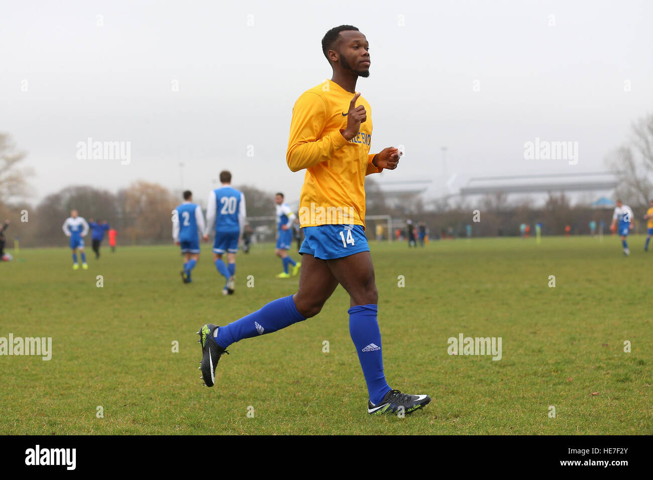 Mile End score their first goal during FC Krystal (blue/white) vs Mile ...