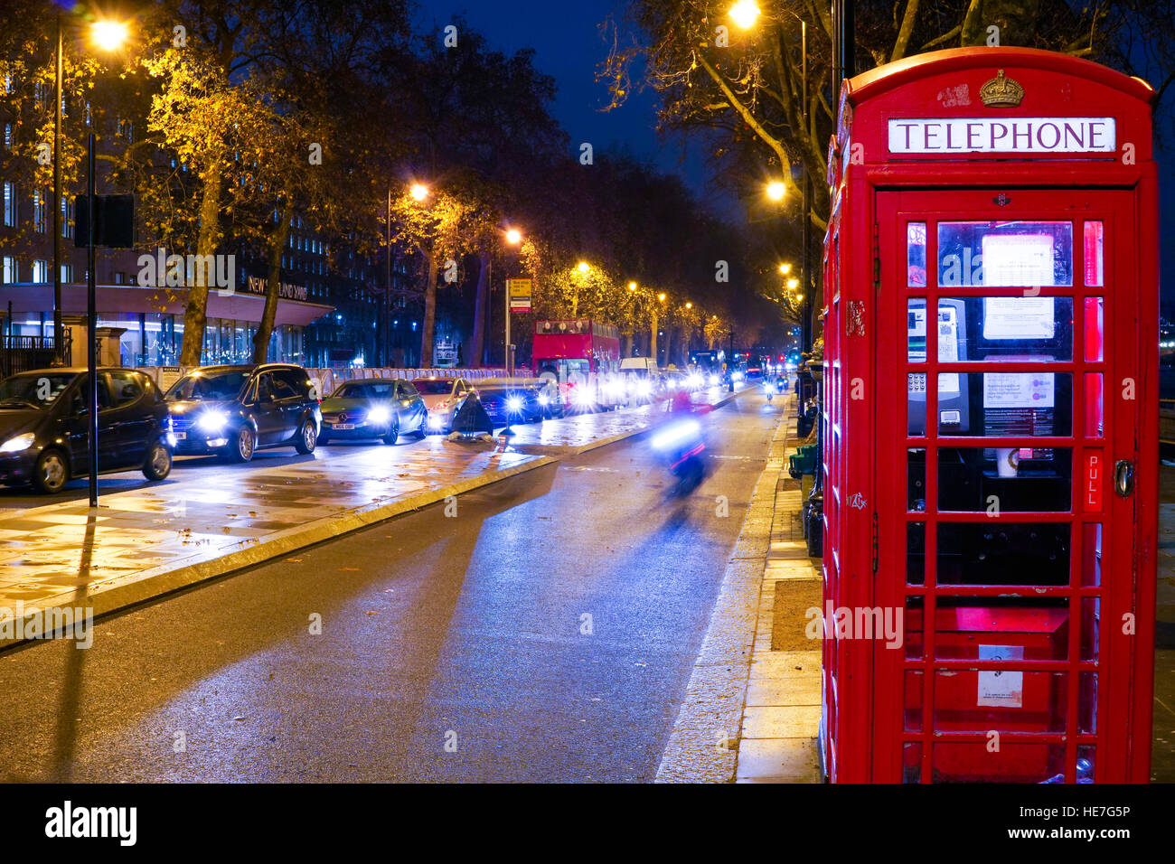 London street view with red Telephone booth Stock Photo - Alamy