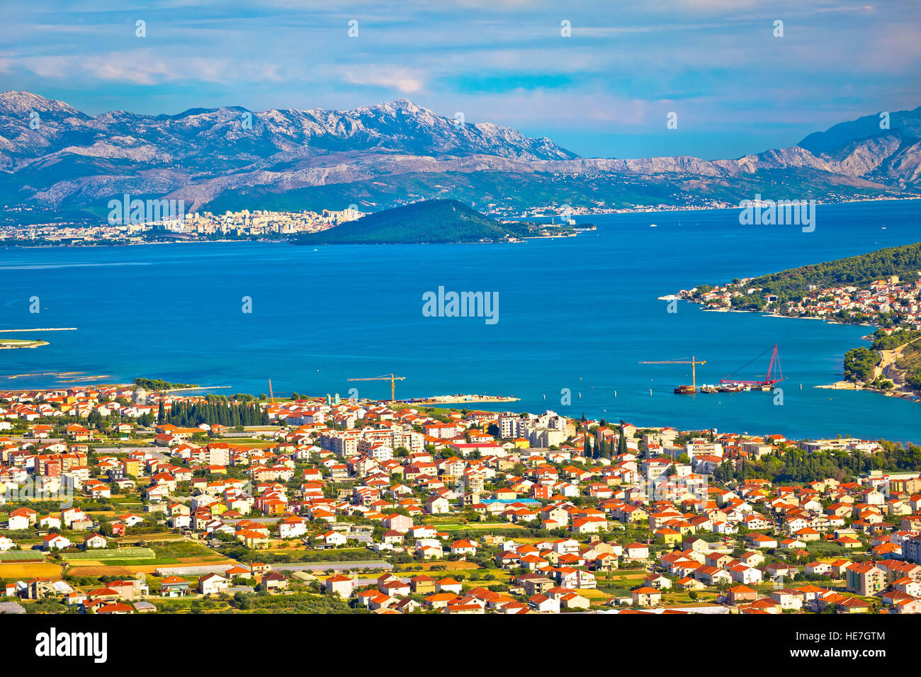 Trogir bay, Ciovo island, city of Split and Biokovo mountain panorama ...