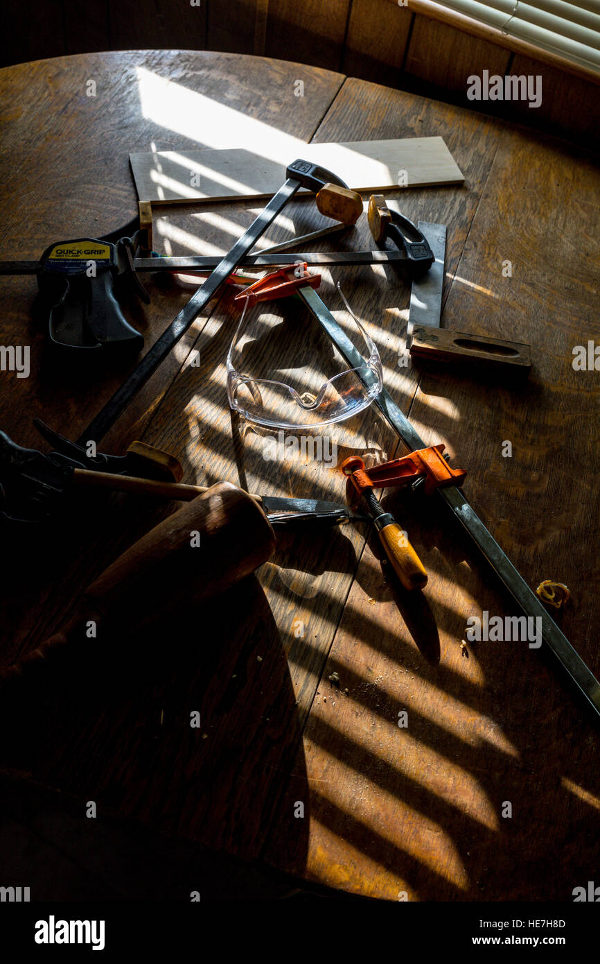 Woodworking tools on an antique oak table Stock Photo - Alamy