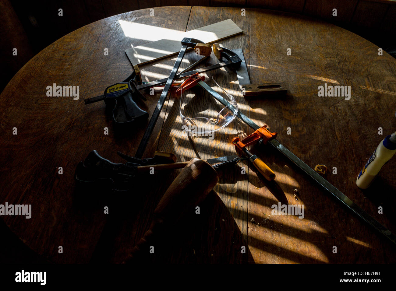 Woodworking tools on an antique oak table Stock Photo - Alamy