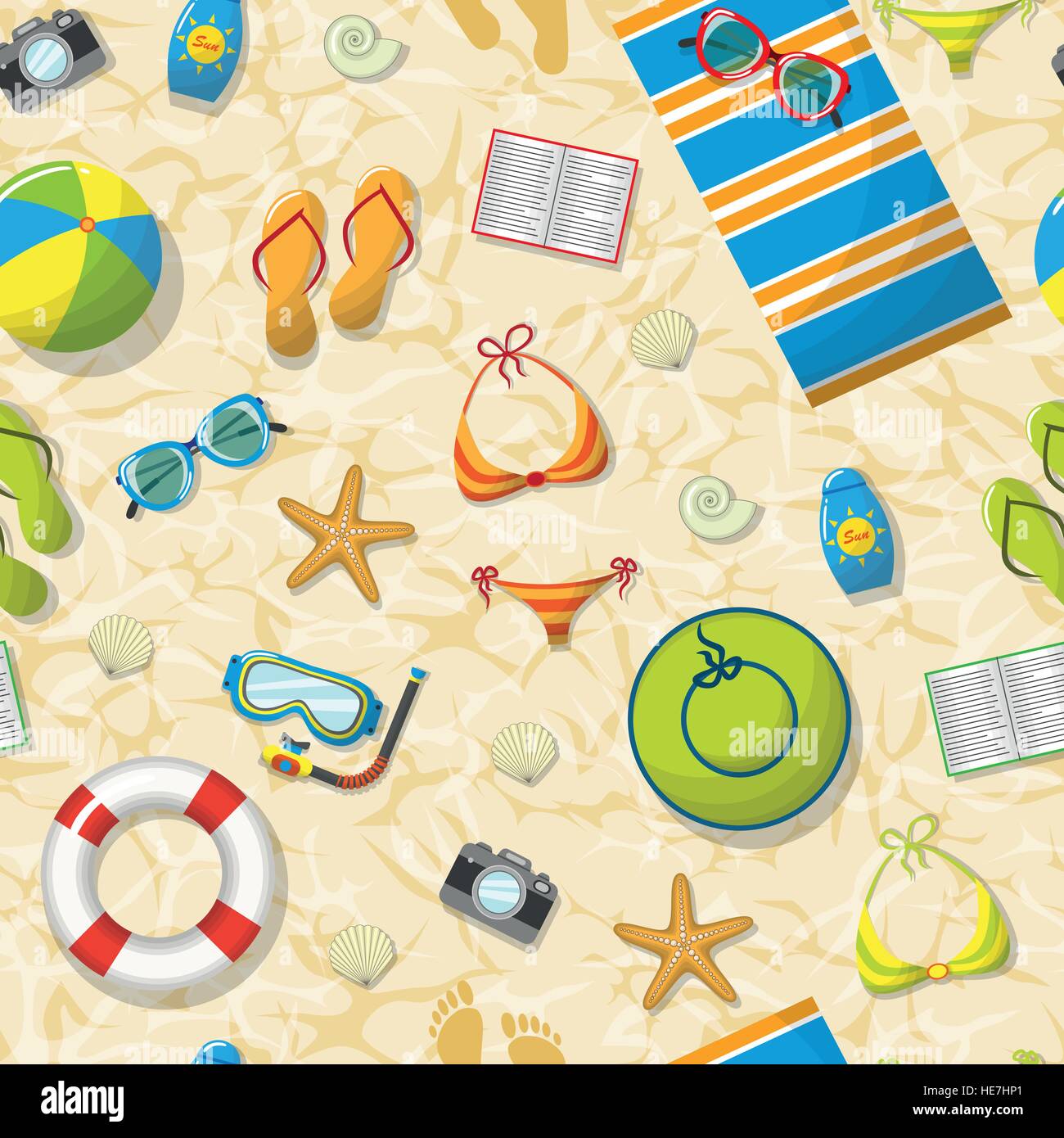 Seamless pattern with summer accessories on beach Stock Vector Image ...
