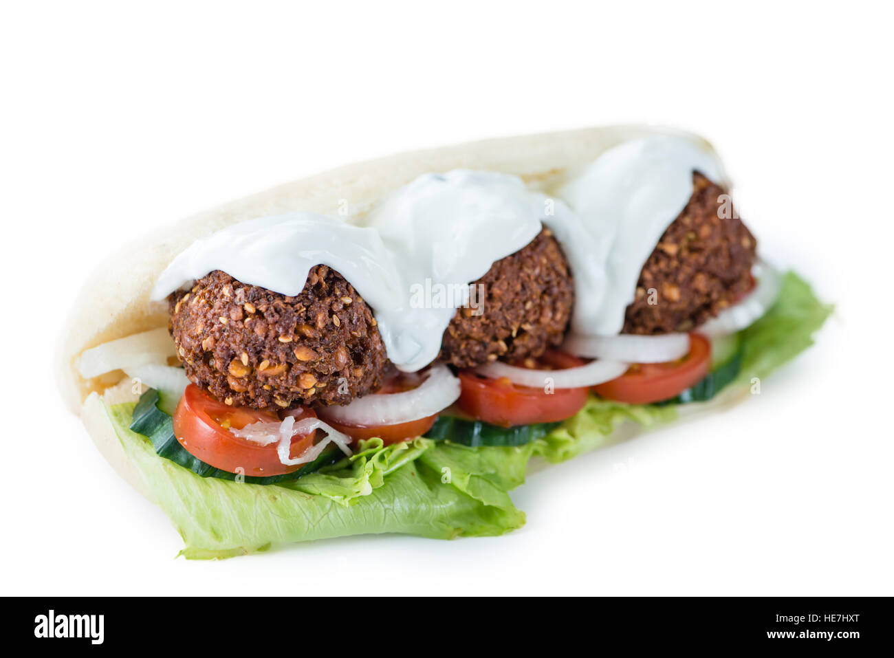 Falafel Sandwich (close-up shot) isolated on white background Stock ...