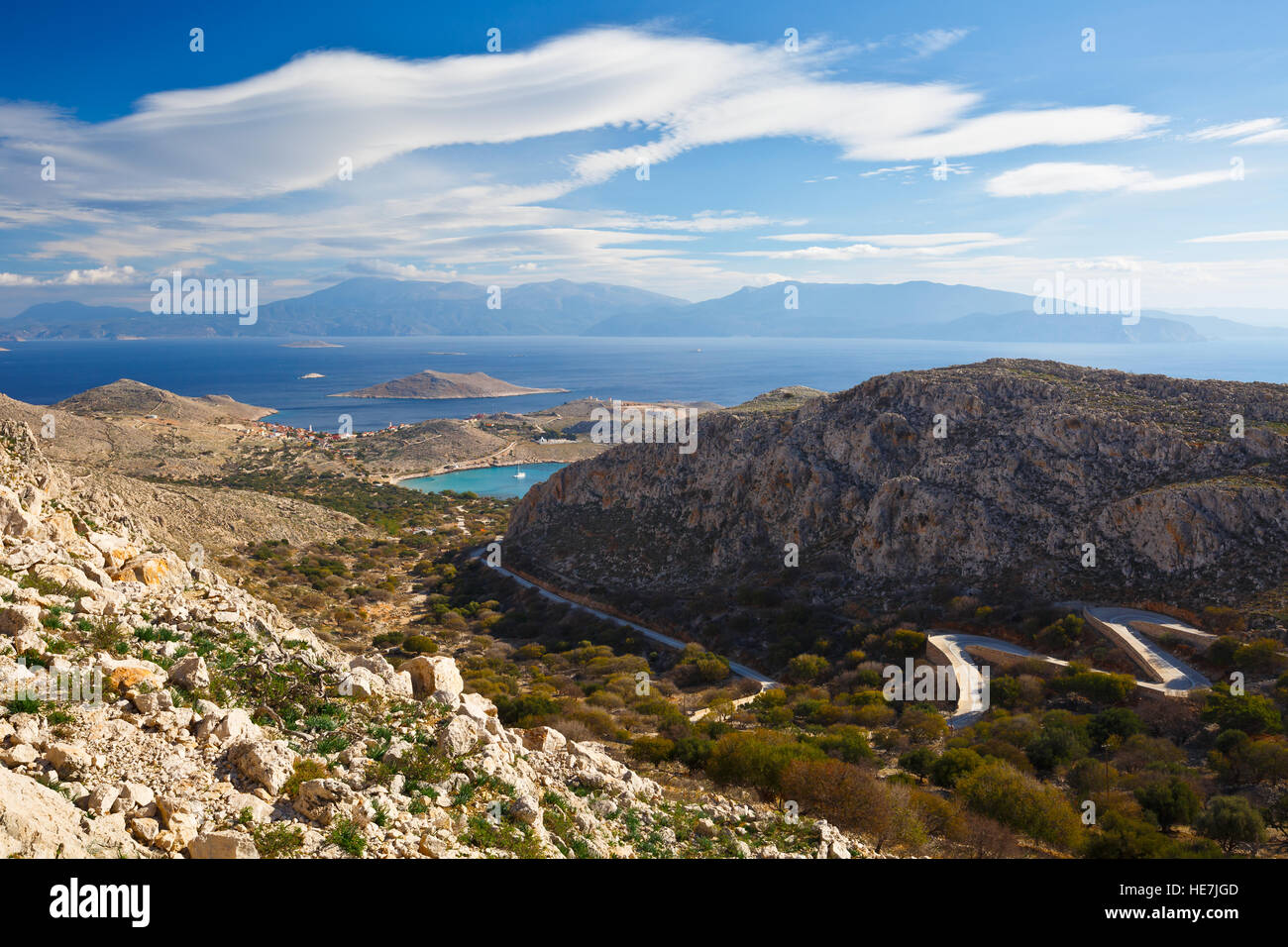 Rhodes island as seen from the hills of Halki island in Dodecanese ...