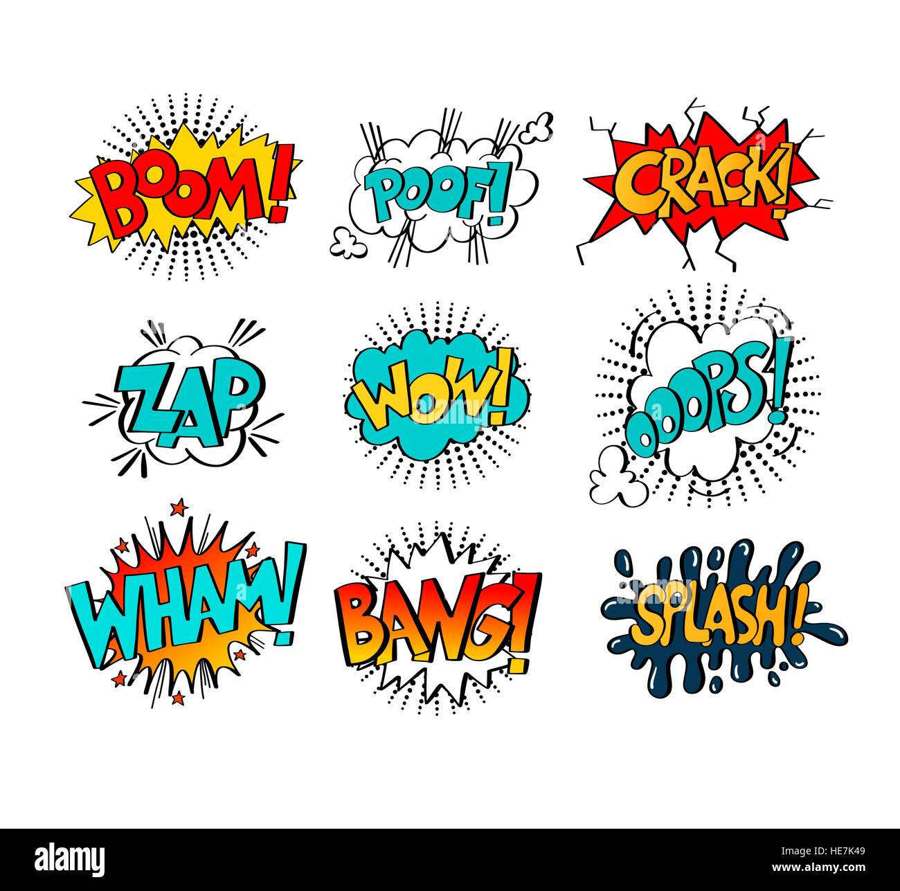 collection of nine multicolored comic sound effects in pop art s Stock ...
