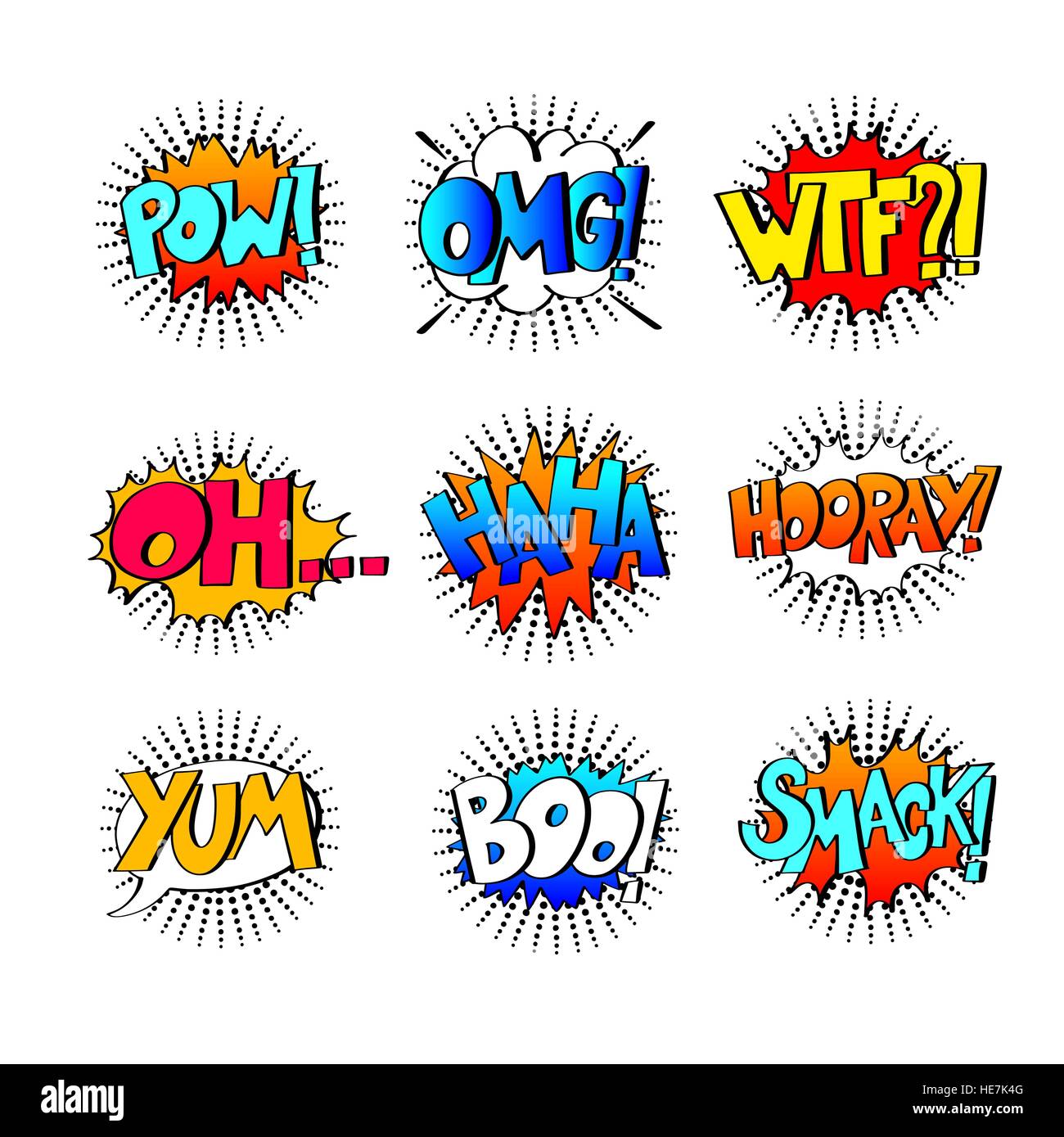 collection of nine multicolored comic sound effects in pop art s Stock ...
