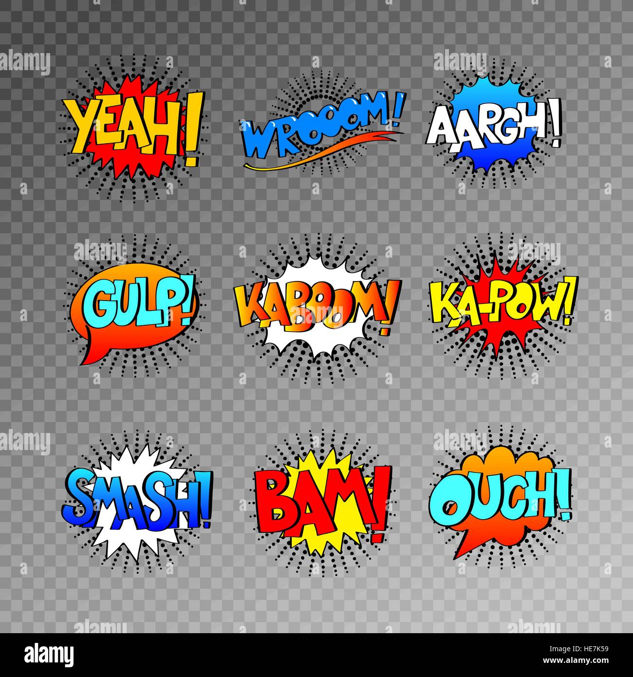 collection of nine multicolored comic sound effects in pop art s Stock ...